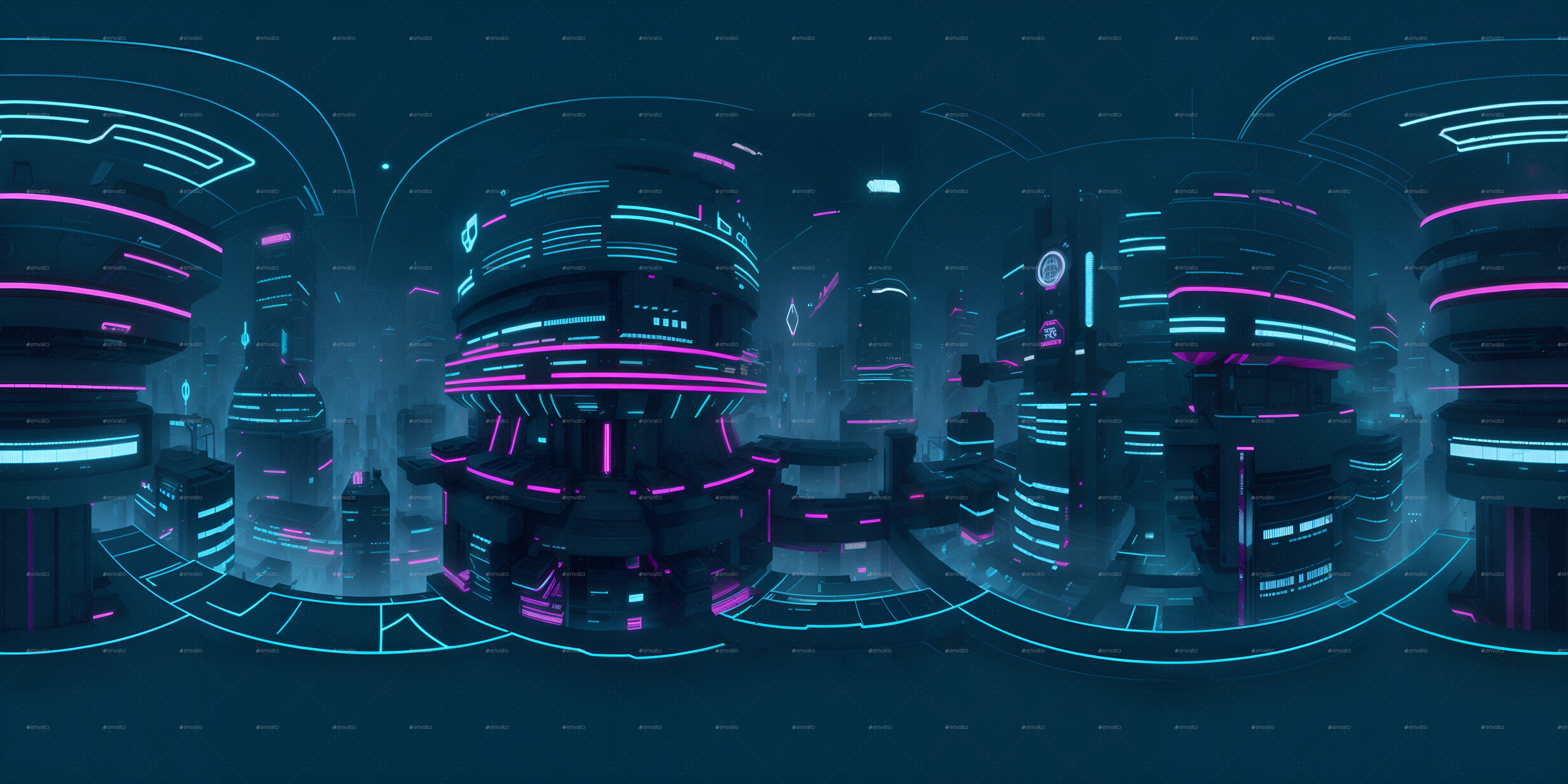 Full 360 degrees seamless spherical panorama equirectangular projection of Cyberpunk Night City ...